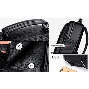 HKZHITOU Vintage Leather Laptop Backpack For Men,Men Black Leather College Backpack Travel Waterproof Bags Fit 15.6 Inch Notebook