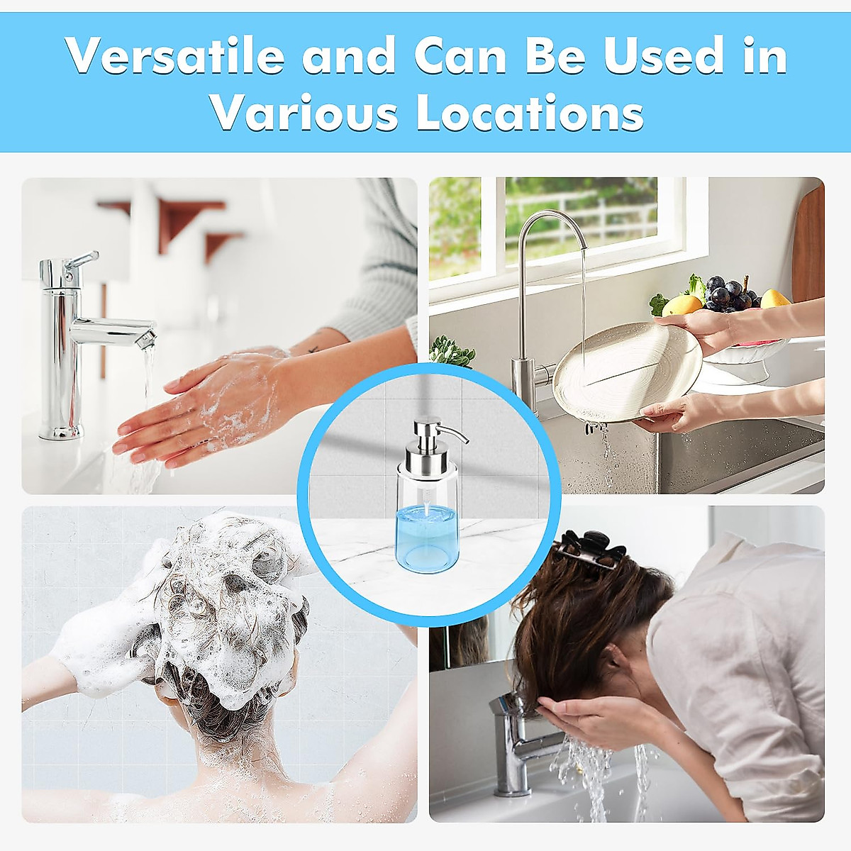 GLUBEE Foaming Soap Dispenser, 15 Oz Glass Hand Soap Dispenser with Rust Proof Stainless Steel Pump, Refillable Clear Foam Soap Dispenser Bottle with Wide Opening for Bathroom Decor & Kitchen