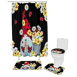 Ladybug Gnome 4 Piece Shower Curtain Sets with Non-Slip Rugs, Toilet Lid Cover and Bath Mat, Spring Summer Daisy Flower American Country Style Shower Curtain with 12 Hooks, Durable and Waterproof