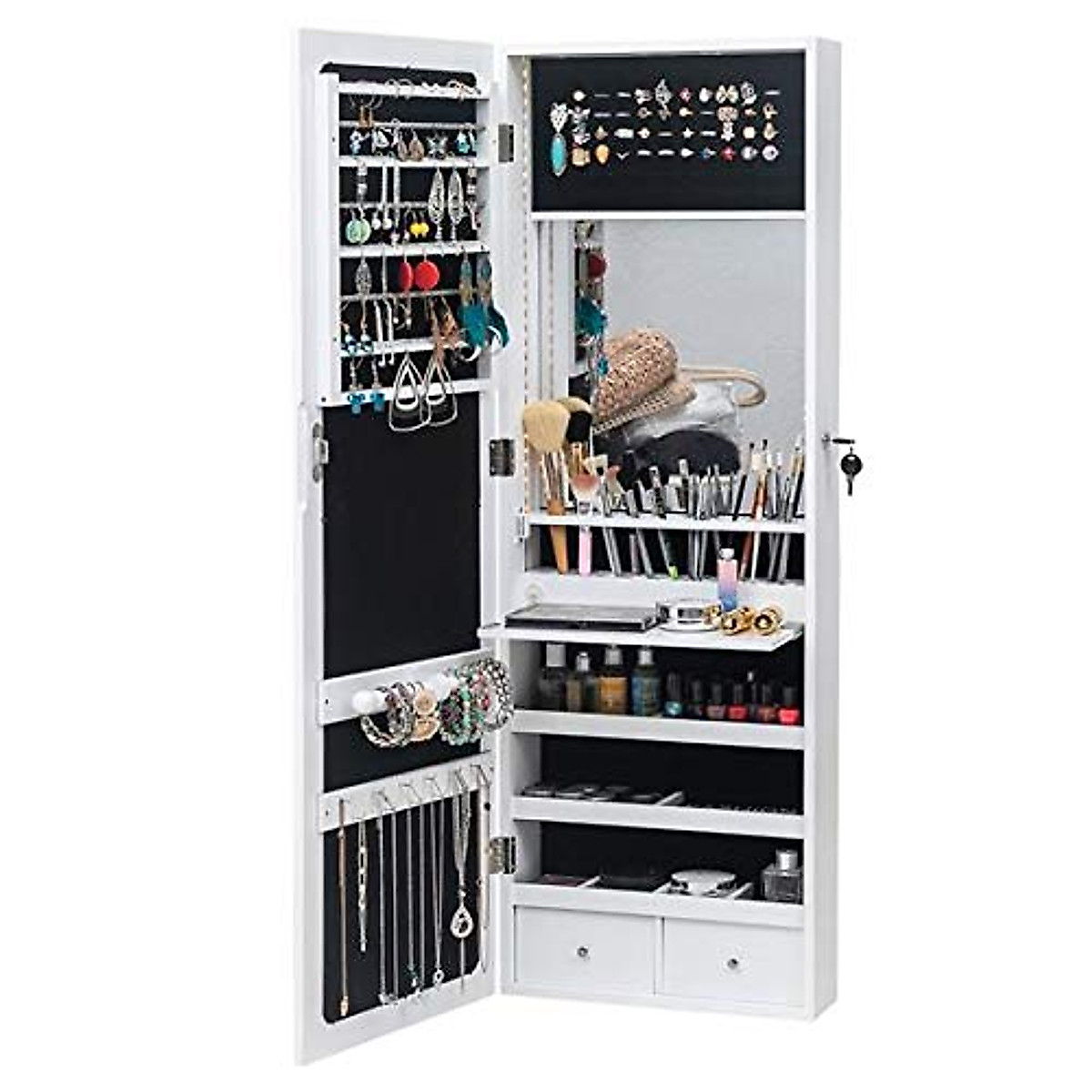 NALLBEIRRAA Jewelry Armoire Cabinet Full Length Hanging Mirror, Makeup Storage Organizer, Wall Mounted, w/Interior Mirror, LED Lights, Lock, Brush Holders, 4 Shelves (White3) …