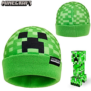 Minecraft Beanie Hat Fluffy Bucket Hat or Boys Hat and Glove Set for Kids Teens (Green Hat & Gloves, One Size)