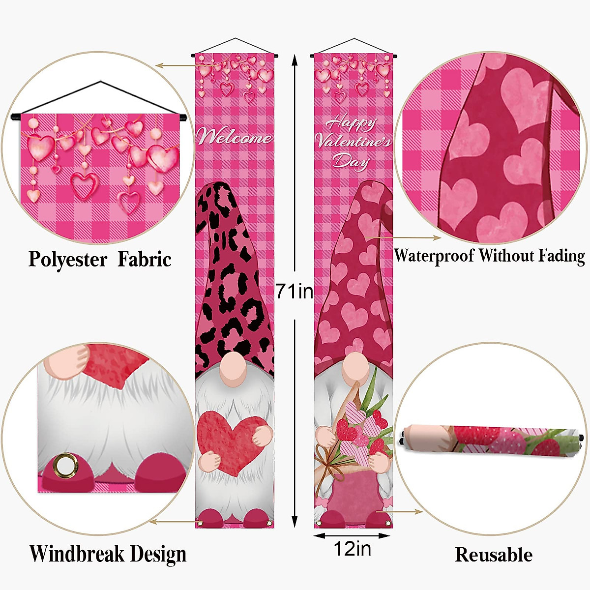 Valentine's Day Gnome Porch Banner Buffalo Check Plaid Anniversary Holiday Front Door Sign Wall Hanging Party Decoration