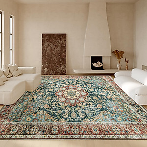 HOMBYS 10x14 Vintage Area Rug for Living Room Bedroom, Large Boho Floor Carpet with Non-Slip Backing for Indoor Office Dining Room, Traditional Home Deco Non-Shedding, Blue Red, Machine Washable