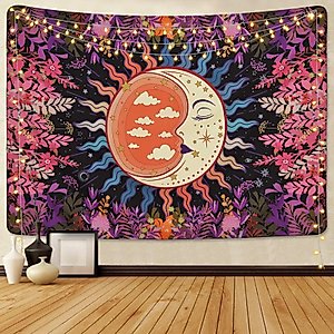 Uspring Moon Garden Tapestry Plants Flowers Tapestries Moon and Stars Tapestry Mandala Wall Tapestry Mystical Colorful Tapestry Wall Hanging for Room (36 × 48 inches)