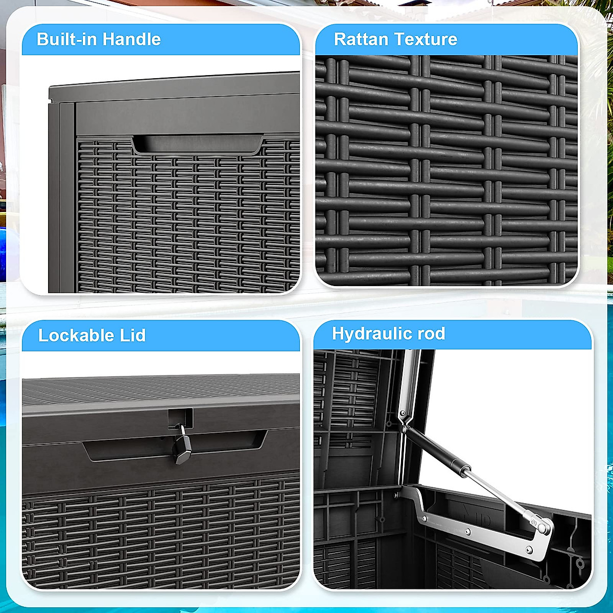 Vixzen 100 Gallon Resin Deck Box, Lockable Outdoor Storage Box for Patio Cushions Storage Furniture,Garden Tools, Pool Supplies, Weatherproof and UV Resistant- Black