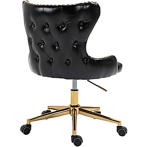 Meridian Furniture 167Black Hendrix Collection Modern Contemporary Vegan Leather Upholstered Swivel Adjustable Office Chair with Button Tufting and Gold Base, Black, 21.5" W x 24" D x 30.3"-32.6" H