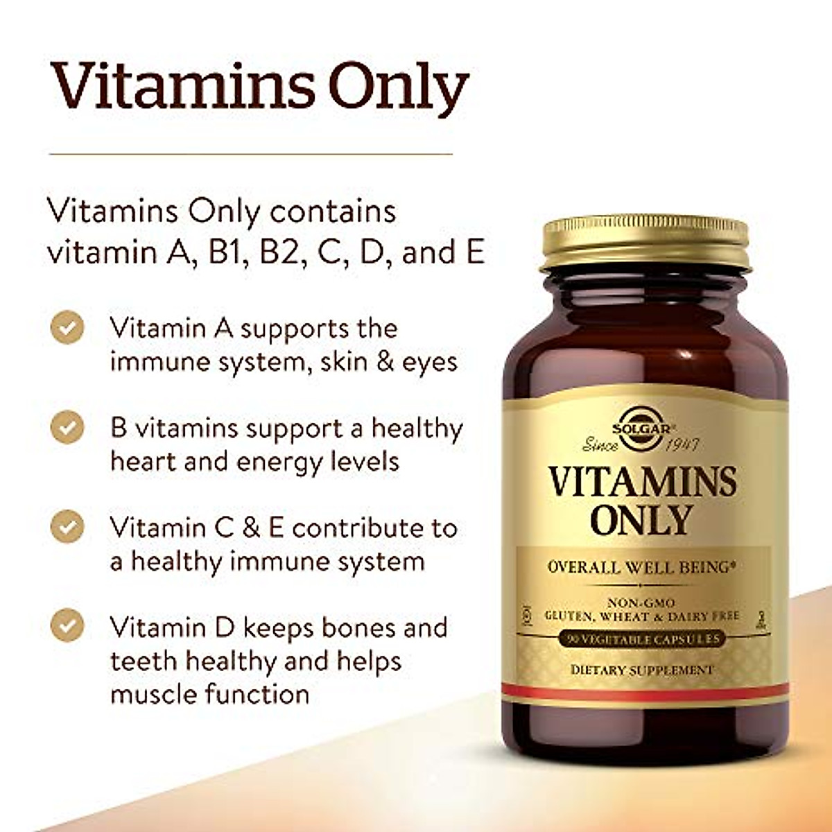 Solgar Vitamins Only, 90 Vegetable Capsules - Multivitamin - Vitamin A, B1, B2, C, D & E - Overall Well-Being - Immune Support - Gluten Free, Dairy Free, Kosher - 90 Servings