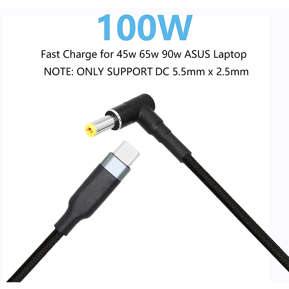 CERRXIAN 6.5ft 100W PD USB Type C Male Input to 90 Degree DC 5.5 x 2.5 mm Male Power Charging Cable for K55A K55N K501UX K53E Q550L G360 G450 G455(5525-100W)