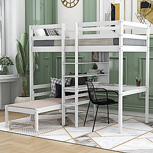 CJLMN Twin Loft Bed with L-Shape Desk, Solid Wood Bed with Storage Shelves, Ladders and Desk for Kids/Teens, Space-Saving Design…