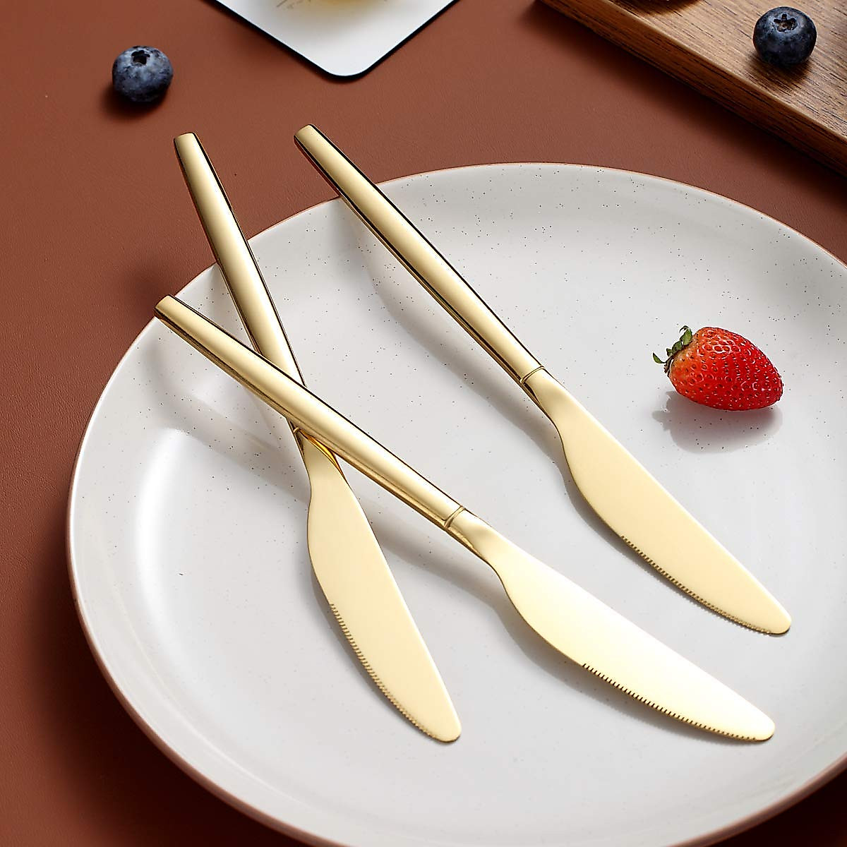 Berglander Gold Dinner Knives Set Of 4, Titanium Shiny Gold Plating Stainless Steel Dinner Knife, Butter Knife Table Knives Dishwasher Safe