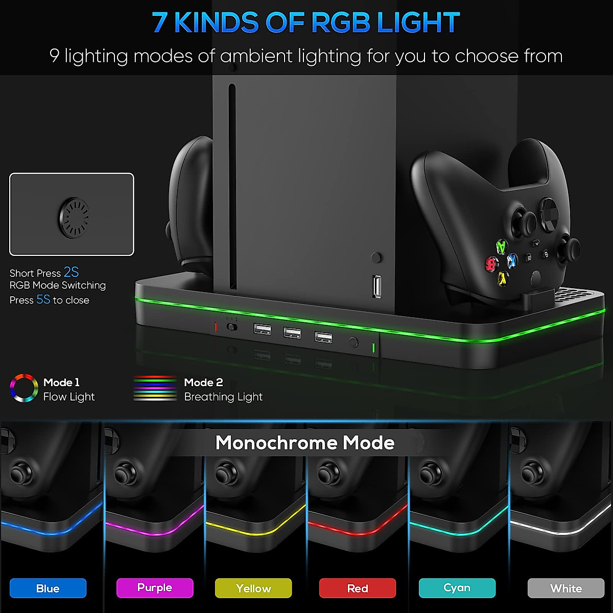 Vertical Cooling Stand for Xbox Series X/S, Dual Controller Charging Station for Xbox Series X/S with Cooling Fan 3 Hub USB Ports