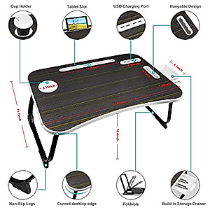 Bed Desk,Lap Table Tray with USB Charge Port,Cup Holder and Storage Drawer,Portable Laptop Stand for Sofa Floor Working Writing Reading (Black)