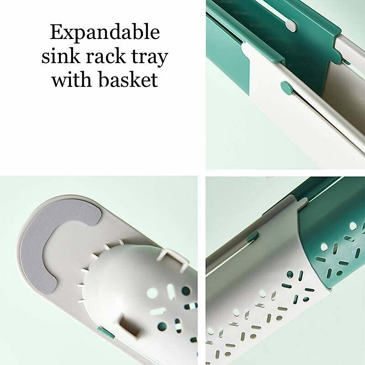 Adjustable Telescopic Sink Storage Organizer Rack Sponge Soap Drain Basket Expandable Organizer for Home Kitchen with Dish Cloth Hanger (Green)