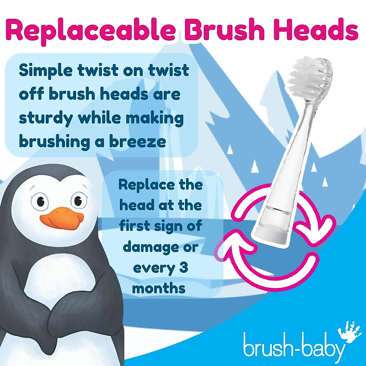 brush-baby WildOnes Kids Electric Rechargeable Toothbrush Penguin, 1 Handle, 3 Brush Heads, USB Charging Cable, for Ages 0-10 (Penguin)