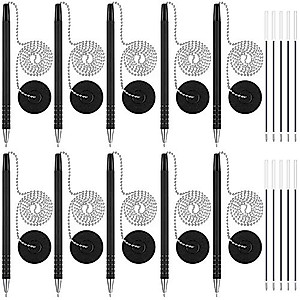 Security Pen Set with Bead Chain and Pen Holder, Desktop Pens with Chains, Blank Ink Refills for Office Bank Supplies, Black (20 Pieces)