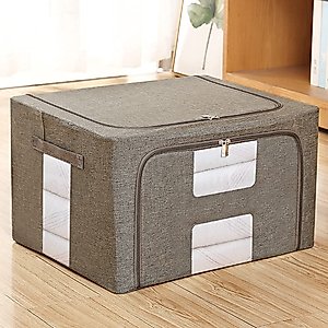 BESTUNIHOM Stackable Oxford Storage Bins with Transparent Windows for Clothing, Quilts, Blankets, Foldable Bedroom Storage Closet Organizers, 2 Pcs Brown 60L SNX-NJB012PBR60