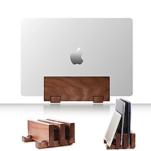 Vertical Laptop Stand for Desk，Resizable Wooden Laptop Holder,Suitable for laptops of various thicknesses and sizes.laptop holder vertical.It can accommodate at least 3 devices . (black walnut)