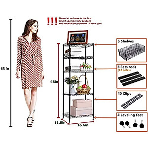 YOHKOH 5-Wire Shelving Metal Storage Rack Adjustable Shelves for Laundry Bathroom Kitchen Pantry Closet (16.6L x 11.8W x 48H,Matte Black)