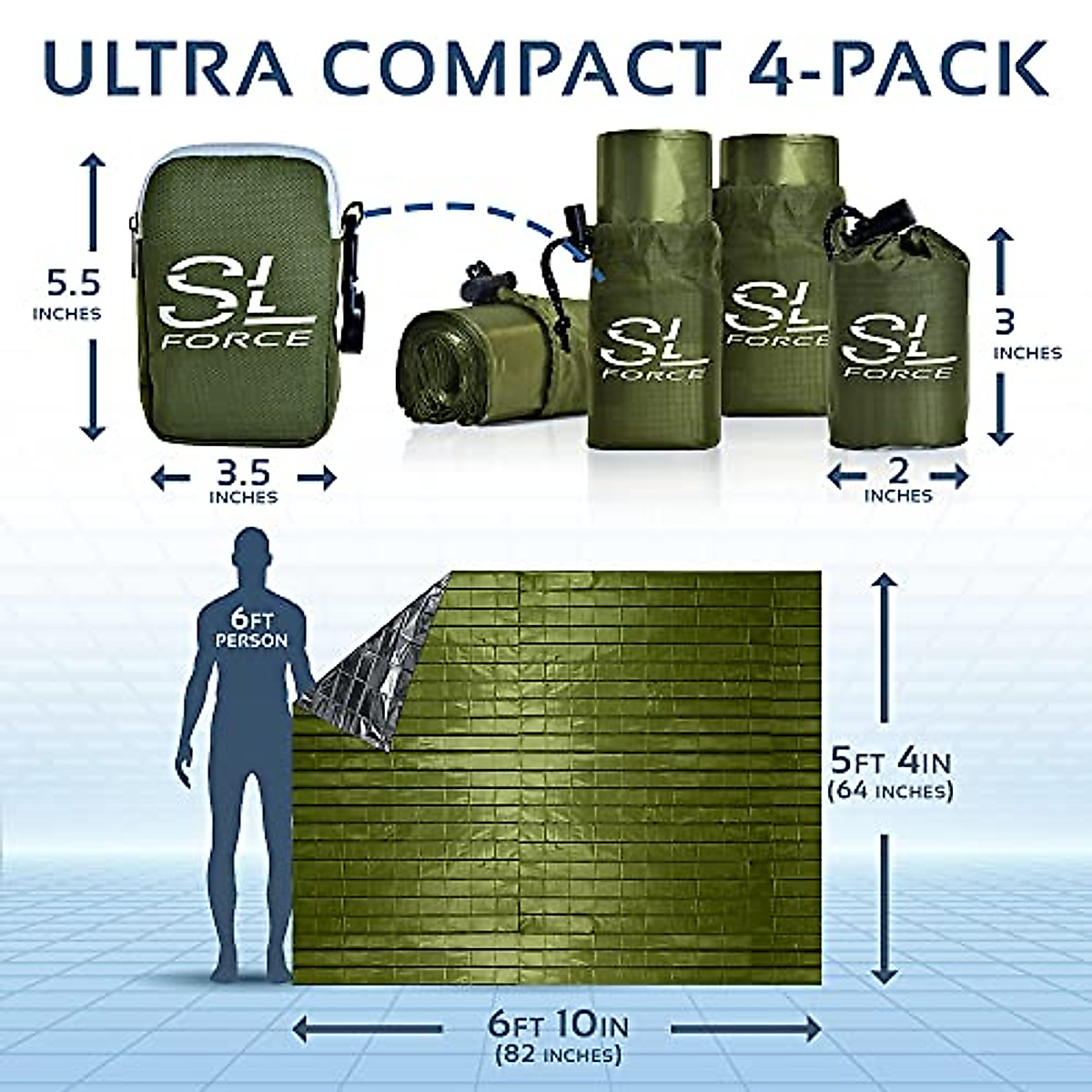 SLFORCE Emergency Blankets for Survival, 4 Pack of Gigantic Space Blanket. Comes with Four Extra-Large Mylar Blankets, Compass, and Zipper Bag. The Best Thermal Space Blankets (4, Green, Extra Large)