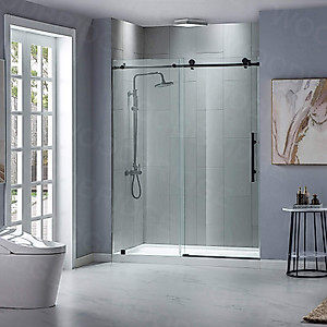 WOODBRIDGE Frameless Sliding Shower, 56"-60" Width, 76" Height, 3/8" (10 mm) Clear Tempered Glass, Black Finish, Designed for Smooth Door Closing. MBSDC6076-MBL, 60"x 76" Matte Black