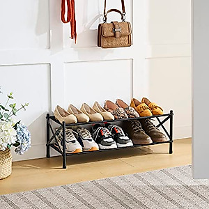 Tajsoon 2-Tier Stackable Shoe Rack, Expandable Fabric Shoes Shelf Storage Organizer with X Shape Fixed Frame for Entryway Doorway, Black