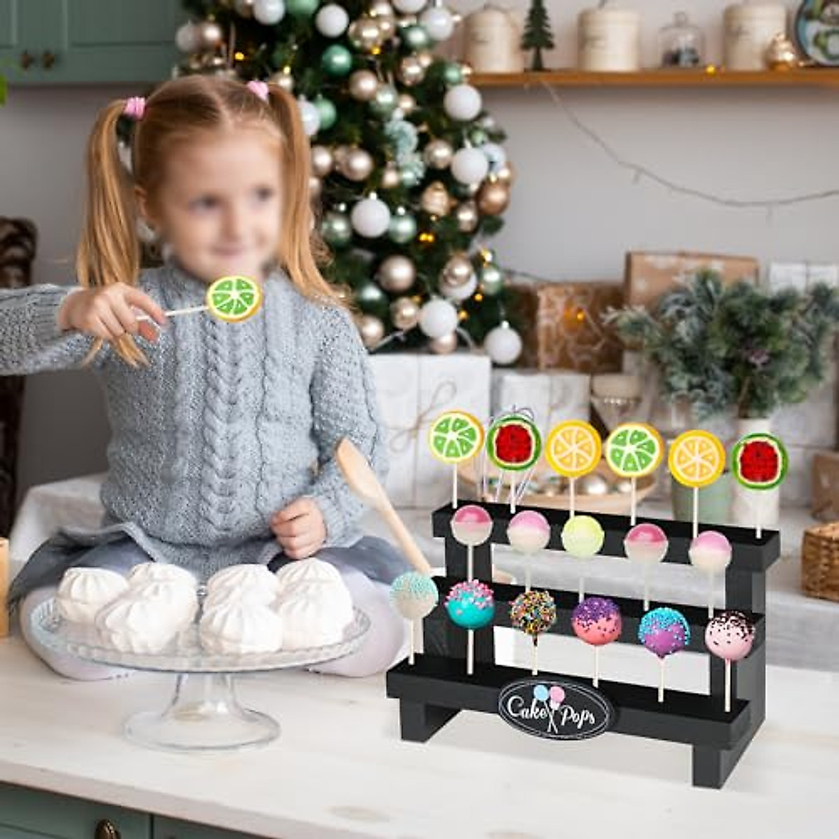 Y&ME YM Cake Pop Stand, 3-Tier Cake Pop Holder with Decor Sign, Lollipop Stand for Dessert Display, 17 Holes Cakepops Stick Stand, Wood Cake Stand for Wedding/Birthday/Baby Shower/Party (Black)