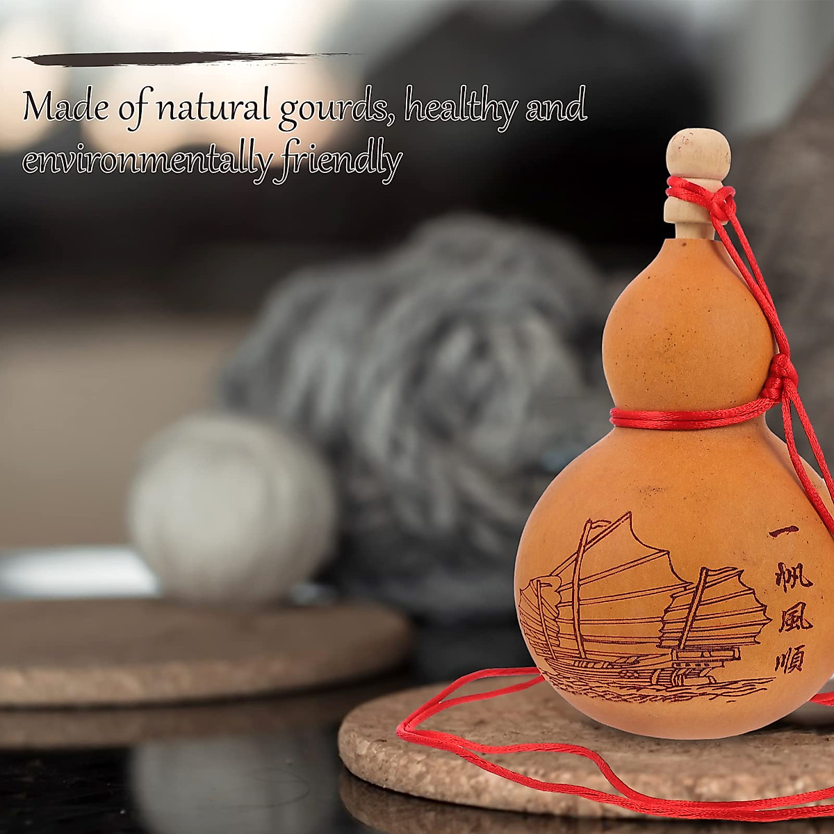 DOITOOL 2PCS Gourd Wine Flask Bottle Chinese Wu Lou Wine Bottle with Stopper Wooden Chinese Feng Shui Hu Lu Gourd Ornament for Home Kitchen ( Khaki )