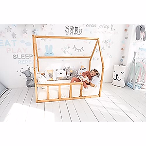 BUSYWOOD House Bed for Kids - Toddler Bed - Platform Bed Frame - Montessori Floor Bed - Full Size Bed - Queen Bedframe, Natural Wood (FLOOR BED FOR SLEEPING ONLY)