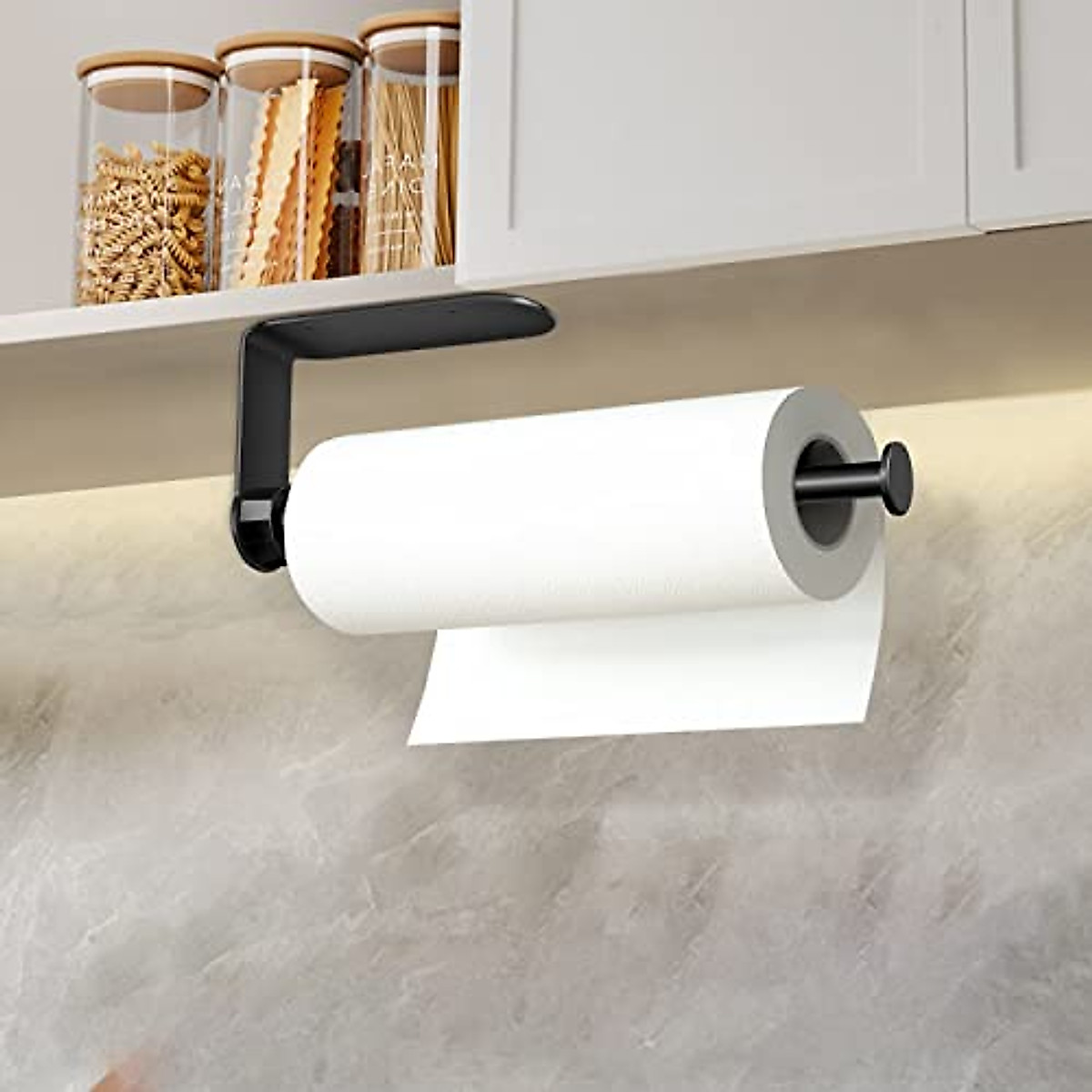 SOAMOEU Paper Towel Holder Under Cabinet, Single Hand Operable Paper Towel Holder Wall Mount with Damping Effect, Self-Adhesive or Drilling for Kitchen, Bathroom (Black)