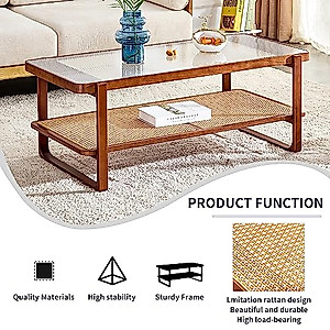 45.28" Walnut Wood Coffee Table with Craft Glass Top, Mid-Century Modern Rattan Coffee Table 2-Tier Glass Coffee Table with Storage for Living Room, Dining Room,Bedroom