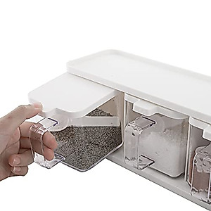 Hedume 2 Pack 3 Grids Clear Seasoning Box with Handle and Spoon, Seasoning Storage Container Rack Combo Set with Removable Cruet Jars for Spice Salt Sugar