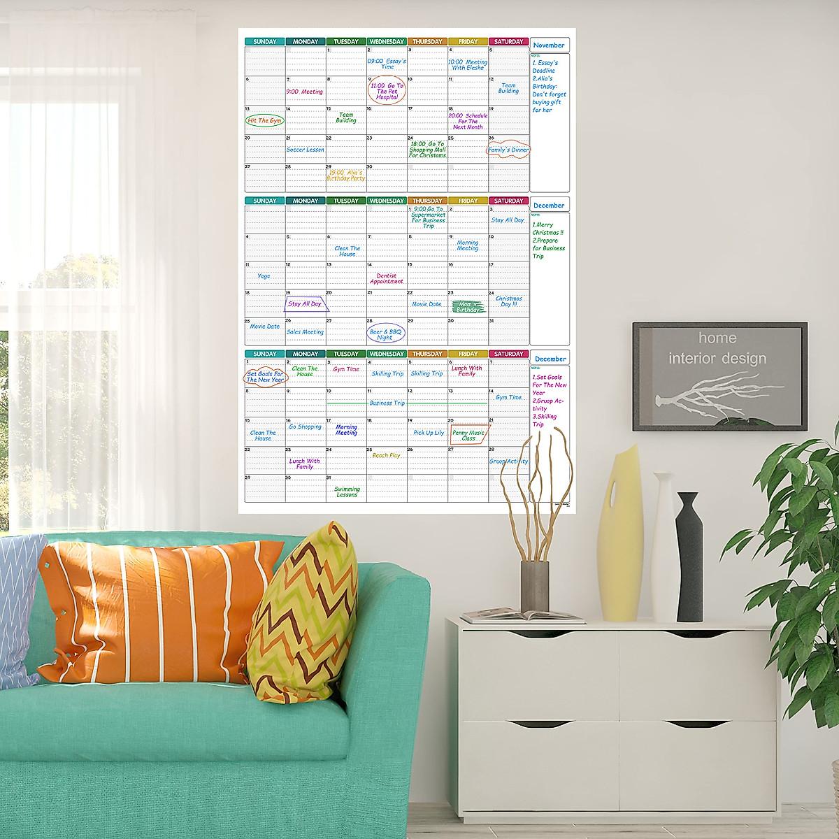 Dry Erase Calendar for Wall - 3 Month Vertical Wall Calendar, 28" x 40", Reusable Monthly Quarterly Calendar Planner Undated, Erasable Laminated Calendar Whiteboard, Vertical Layout Wall Calendar for