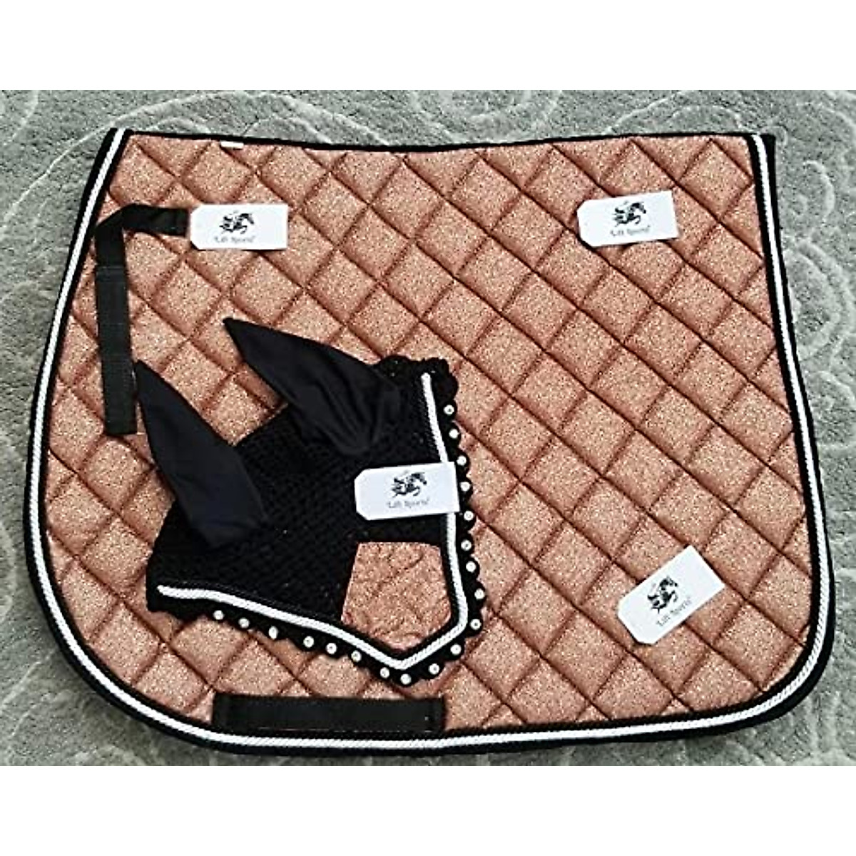 Glittery Shine Horse English Saddle Pad Set with Matching Fly Bonnet Set Ear Net Fly Veil (Rose Gold)