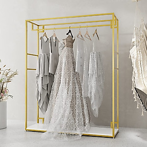 HOMEKAYT Gold Clothing Racks with Shelves, Weeding Dress Retail Clothes Rack,Freestanding Rack, Shoes Bags Clothes Organizer Garment Rack(47" L)