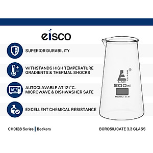 EISCO Conical Philips Beaker with Spout, 250mL - Borosilicate Glass (4.2" Tall, 2.6" Diameter)