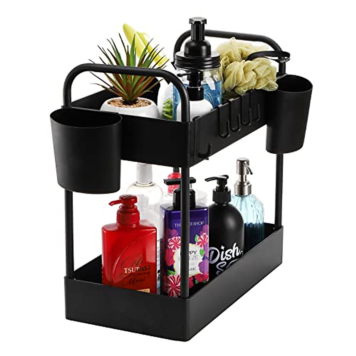 Jucoan 2 Tier Bathroom Sink Countertop Storage Organizer Kitchen Countertop Spice Rack with Hooks, Cups and Handle, Pantry Shelves Seasoning Storage Shelf for Kitchen Bathroom Vanity