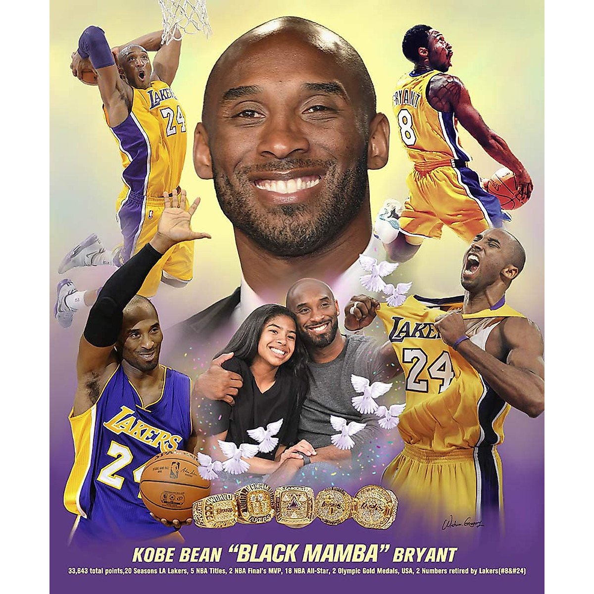 Wishum Gregory, Mamba Love Kobe/Gianna Bryant - Art Print Poster, Paper Size 20" x 16" Image Size 20" x 16"(B4736m)