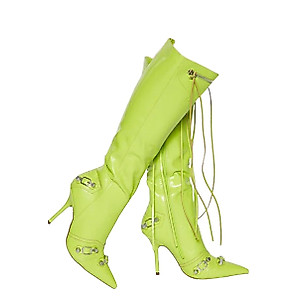 Women Pointy Toe Knee High Heel Boot with Tassel Zipper Bexie-3 Lime 11