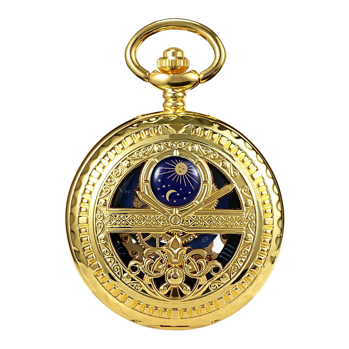 TREEWETO Men's Mechanical Roman Numerals Dial Sun and Moon Skeleton Gold Case Pocket Watches with Box and Chains for Mens Women