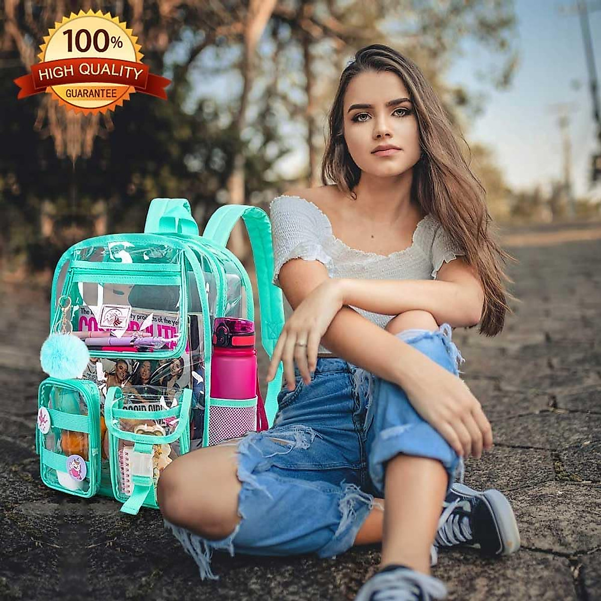 Clear Backpack, Heavy Duty Transparent Bookbag for Girls Women, Cute School See Through Backpacks for Teens Elementary - Green