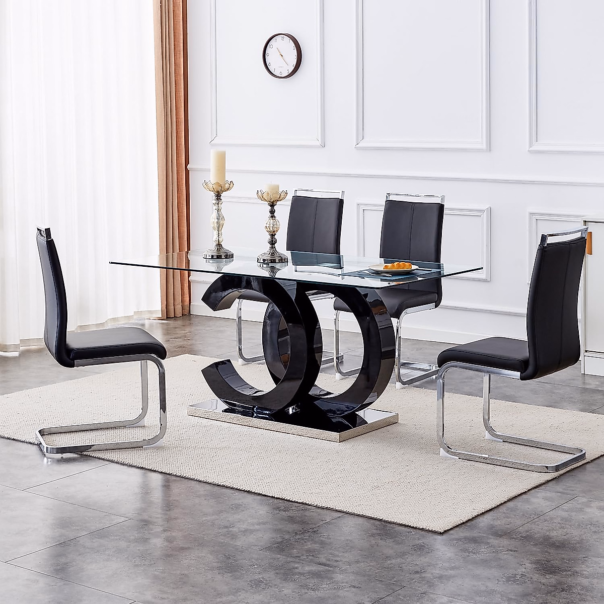 FURNITO 63'' Glass Dining Table Set for 4,Modern Dining Table Set for 4,Tempered Glass Table Top and High-End Design MDF Base with 4 Leather Ergonomic Dining Chairs