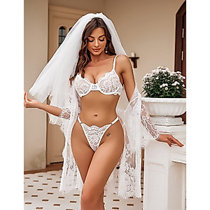 Avidlove Women Lace Lingerie Set Floral Push Up Underwire Bra and Panty Sets White