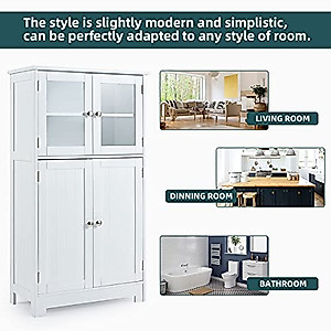 MELLCOM Bathroom Storage Cabinet, Floor Cabinet Cupboard, Wood Linen Cabinet with Doors and Adjustable Shelf,Wood Freestanding Cupboard for Living Room, Entryway, Kitchen, Ivory