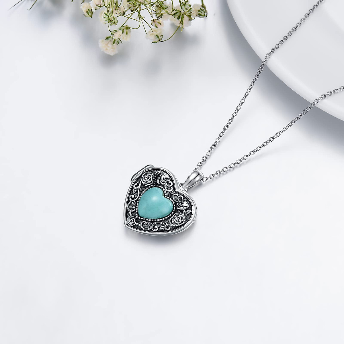 BETHZA Turquoise Heart Locket Necklace That Holds 2 Pictures Sterling Silver Custom Photo Locket Pendant Turquoise Gemstone Jewelry Gifts for Women Grandma(Only Locket Necklace)