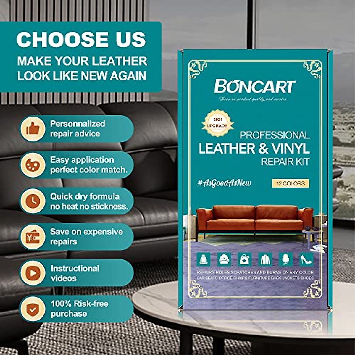 BONCART Vinyl and Leather Repair Kit for Furniture/Sofa/Purse/Car Seat/Couch - Scuffs, Scratches, Restore Any Material, Bonded, Italian, Leather, Genuine Leather