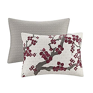 N Natori Cherry Blossom Duvet Cover Queen Size - Red, Grey , Cherry Blossom Duvet Cover Set – 3 Piece – 100% Cotton Sateen Light Weight Bed Comforter Covers
