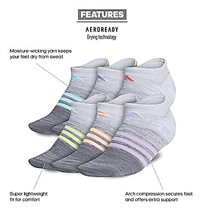 adidas Women's Superlite No Show Socks (6-Pair), Grey/Purple Tint/Haze Coral, Medium