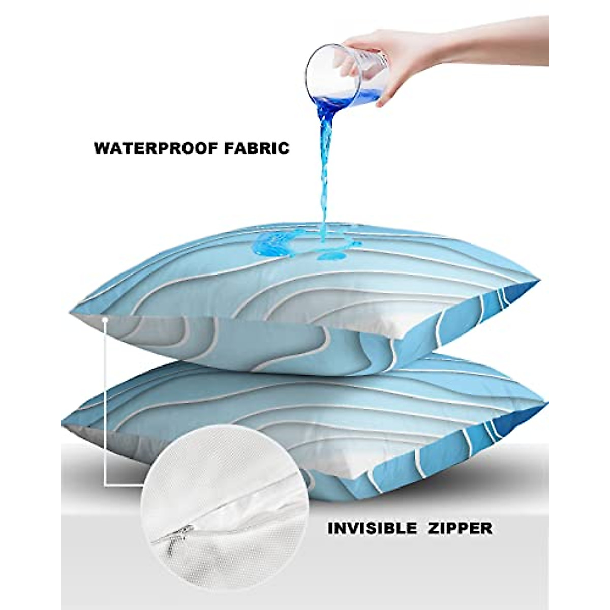 Outdoor Pillow Covers Waterproof, Blue Ombre Throw Pillowcase Decorative Cover, Aesthetic Geometric Blue Wave Modern Abstract Art Garden Cushion Case Set of 2 for Sofa, Couch, Tent, Patio 18"x18"