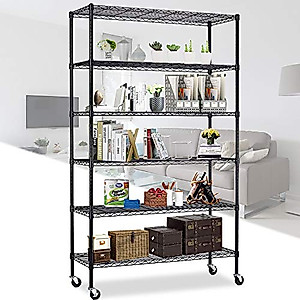 Wire Shelving Unit Storage Shelves 2100Lbs Capacity 6 Tier Metal Shelf with Wheels, NSF Adjustable Layer Rack Heavy Duty Steel Utility Shelf for Garage Kitchen Pantry Basement, Black 48"L×18"W×82"H