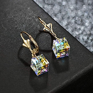 Austrian Crystal Cube Drop Earrings for Women Leverback Dangle Earrings 14K Gold Plated Hypoallergenic Jewelry (Aurora Borealis)